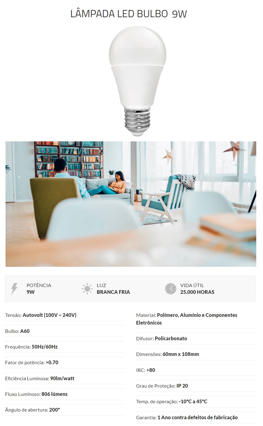 Lâmpada Led Bulbo 9w Branco Frio 6500k Bivolt | LED RS