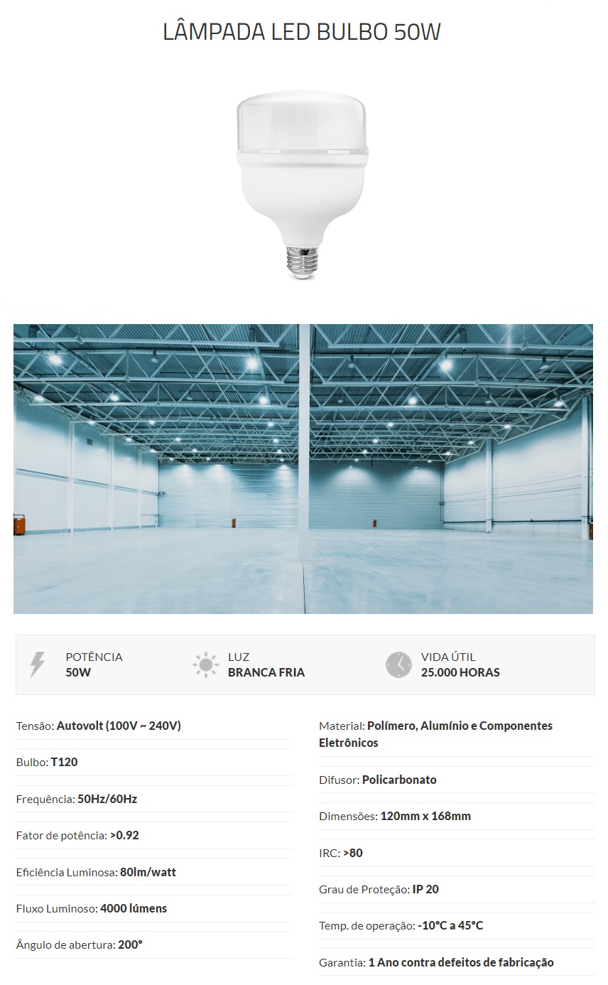 Lâmpada Led Bulbo 50w Branco Frio 6500k Bivolt | LED RS