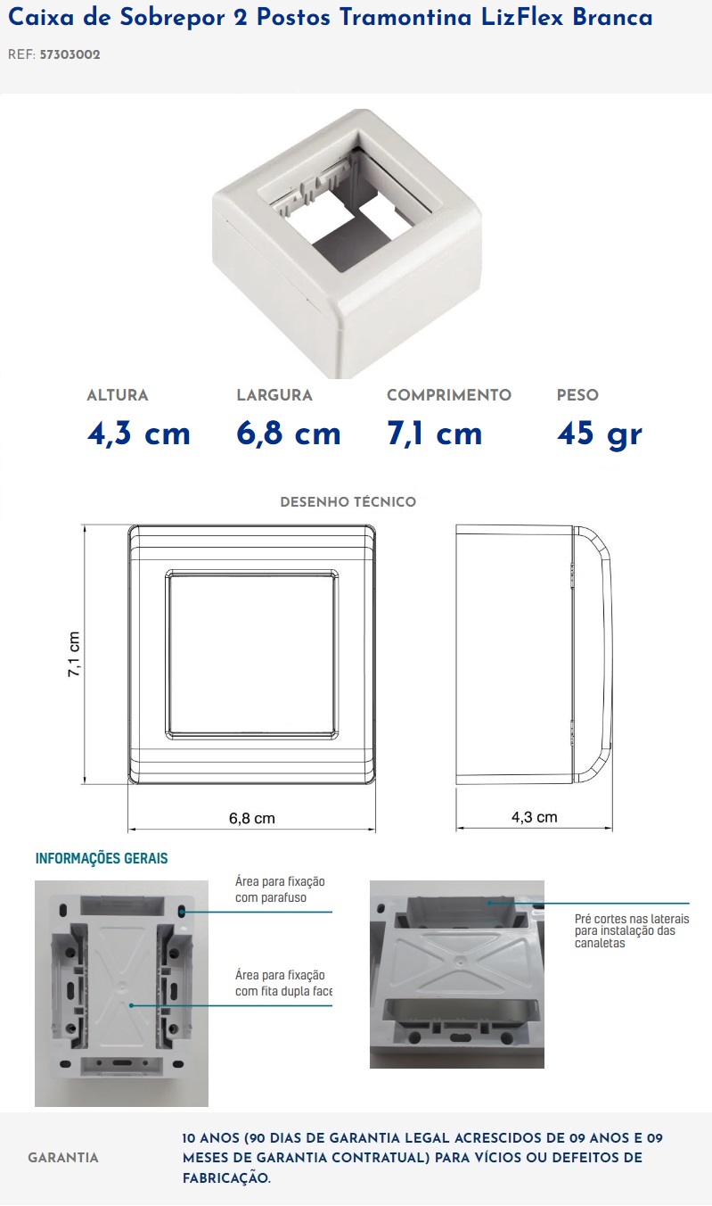 Caixa de Sobrepor 2 Postos Tramontina Lizflex Branca 57303002 | LED RS