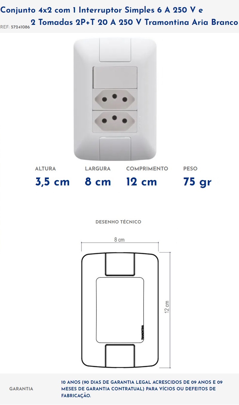 Conjunto 4x2 com 1 Interruptor Simples 6a e 2 Tomadas 2P+T 20a Branco ...