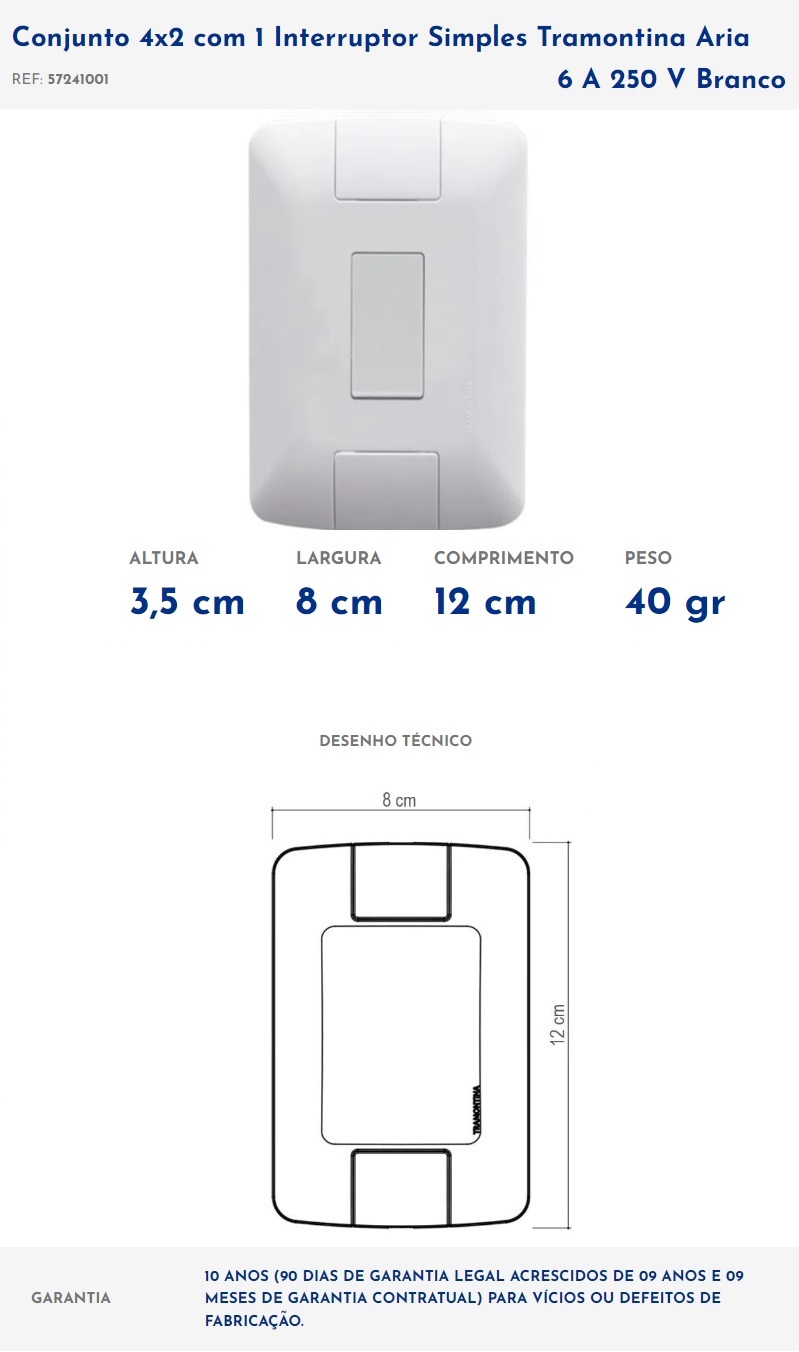 Conjunto 4x2 com 1 Interruptor Simples 6a Branco Aria Tramontina ...