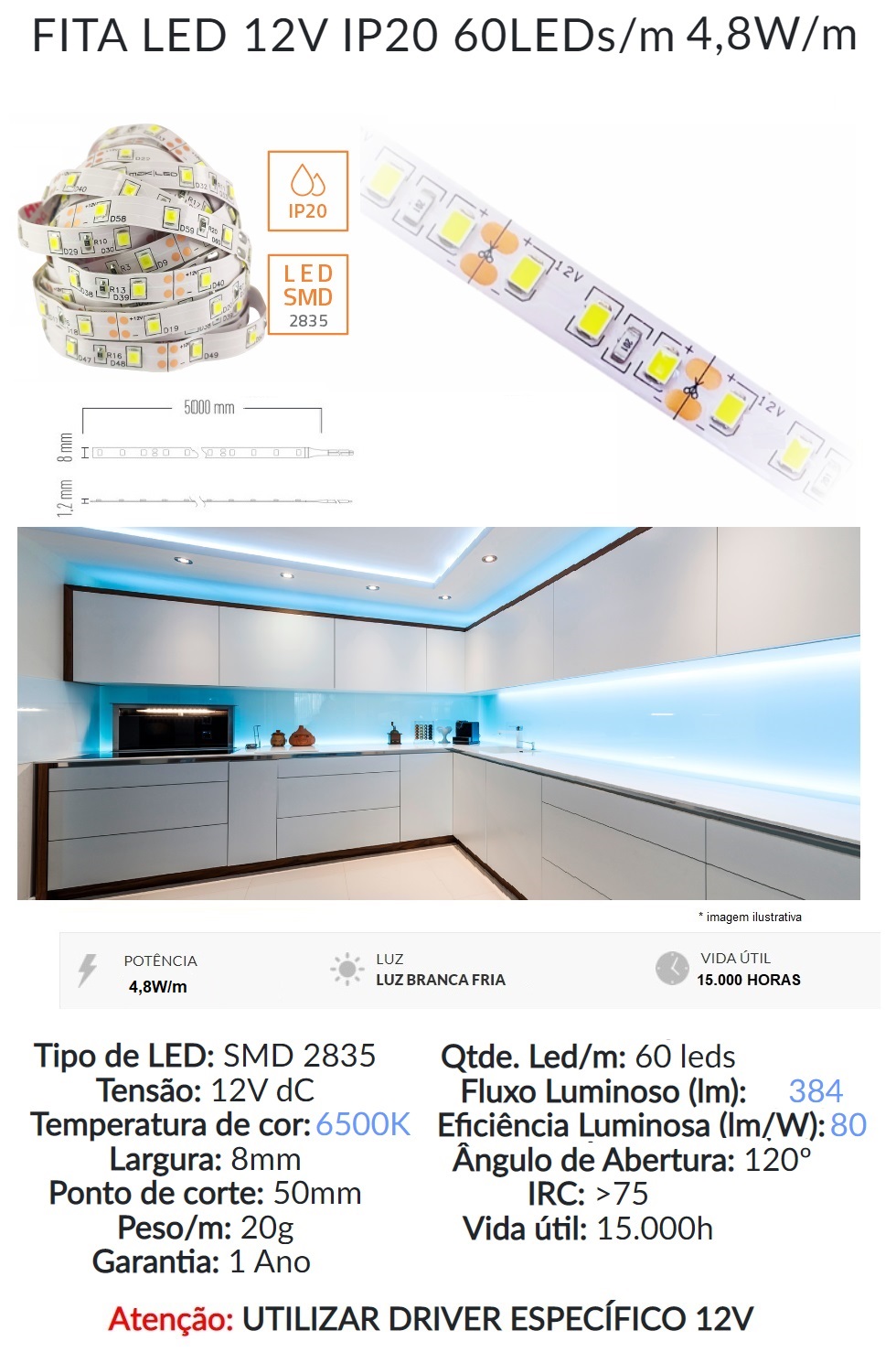 Fita Led Branco Frio 60 Leds/M 3528 5 metros IP20 | LED RS