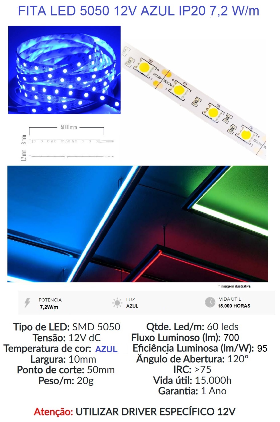 Fita Led Azul 60 Leds/M 5050 5 metros IP20 | LED RS