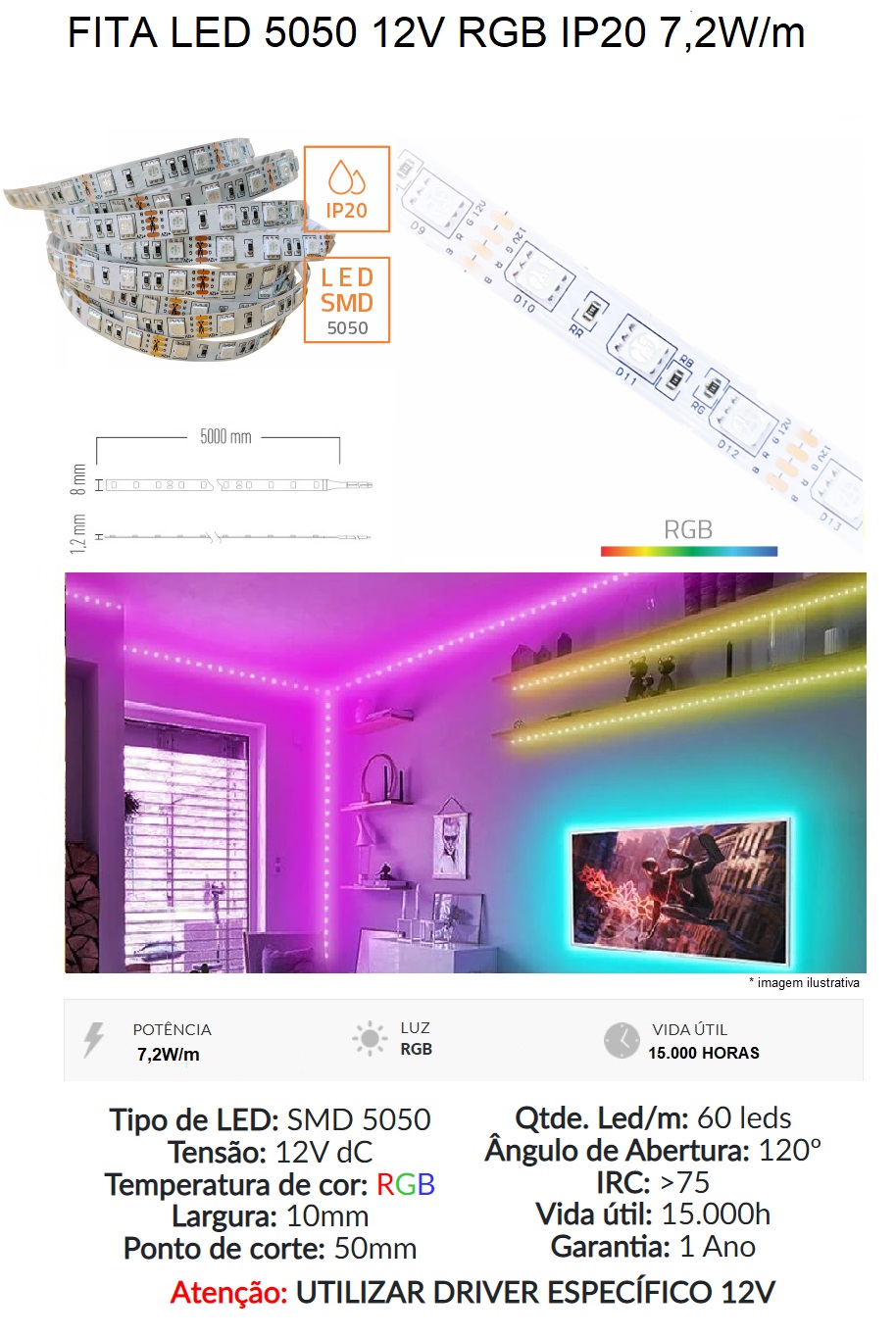 Kit Fita RGB 60 Leds/M 5050 5 metros IP20 + Controladora + fonte | LED RS