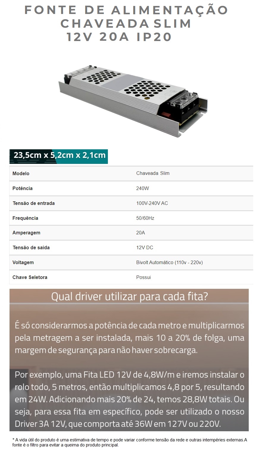 Fonte 20A Slim Chaveada 240w 12V Bivolt | LED RS