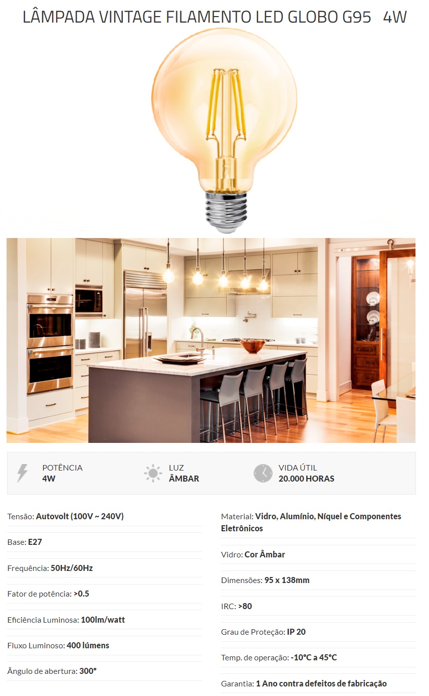 Lâmpada Led G95 Filamento Vintage 4W 2400k Branco Quente Bivolt | LED RS