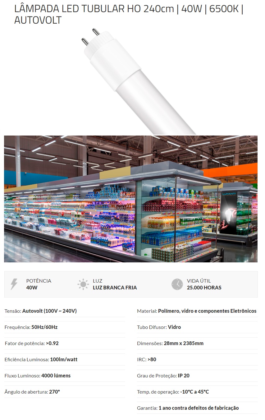 Lampada Tubular Led HO 40w Branco Neutro 4000k Bivolt | LED RS