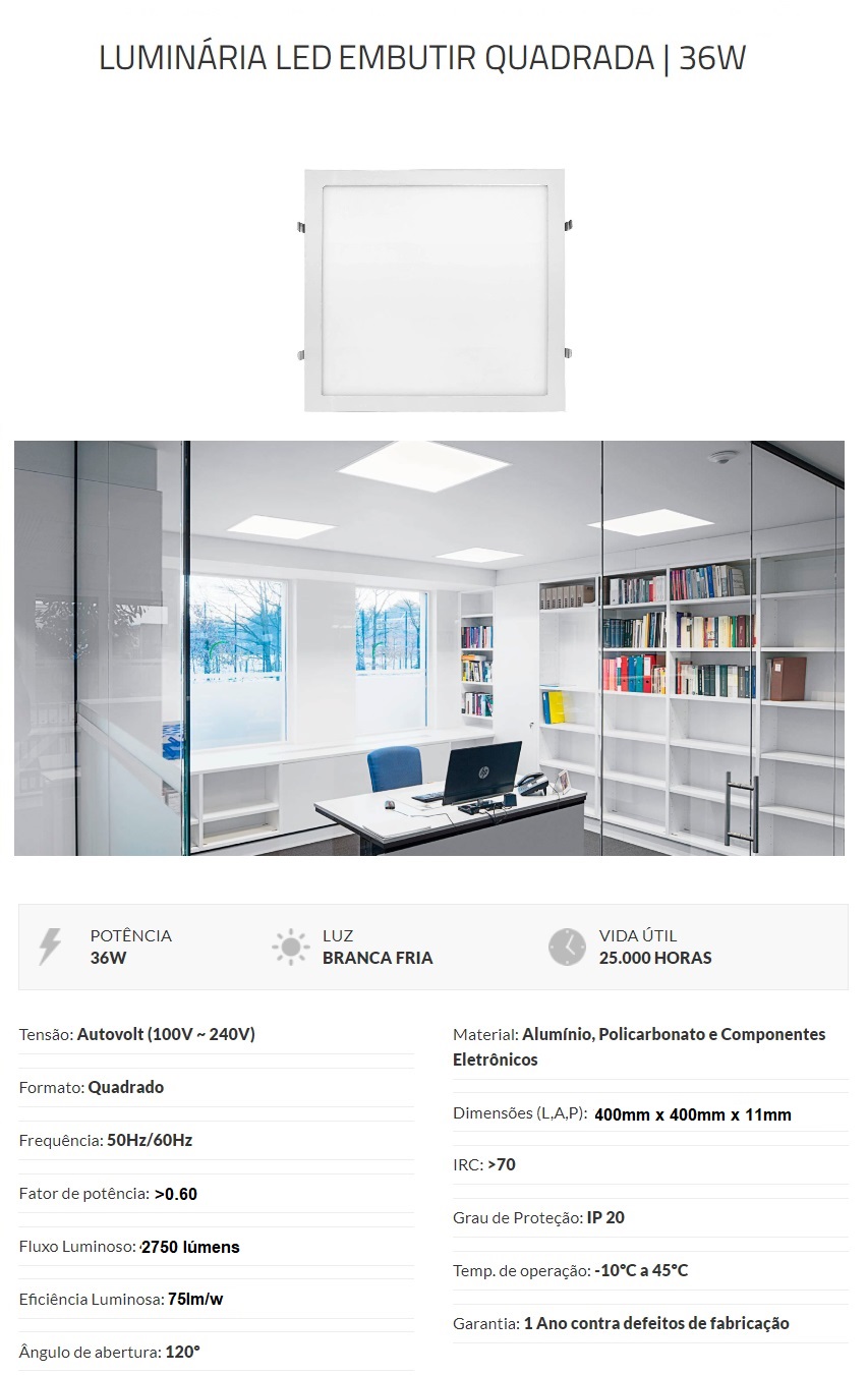Painel Led Embutir 36w Quadrado Branco Frio 6500k Slim Bivolt | LED RS