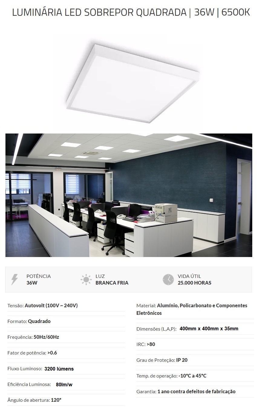Plafon Led Sobrepor 36w Quadrado Branco Frio 6500k Bivolt | LED RS