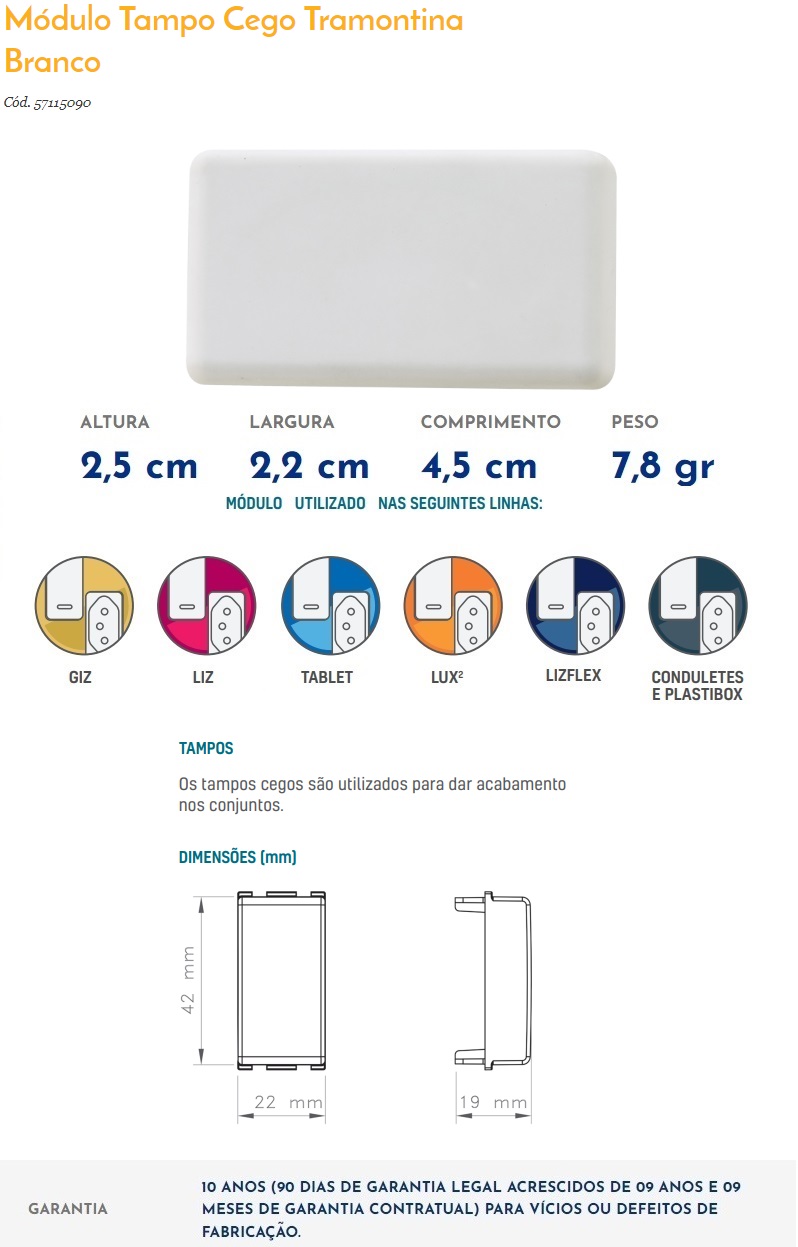 Módulo Tampo Cego Liz Branco Tramontina 57115090 | LED RS