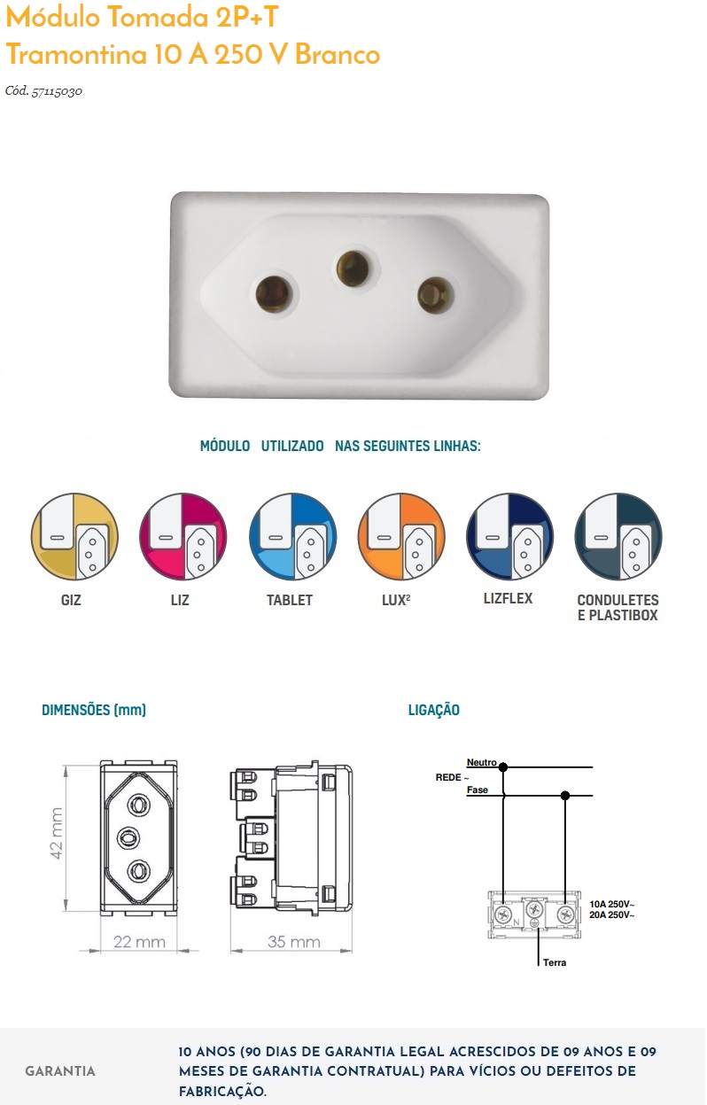 Módulo Tomada 2P+T 10a Liz Branco Tramontina 57115030 | LED RS