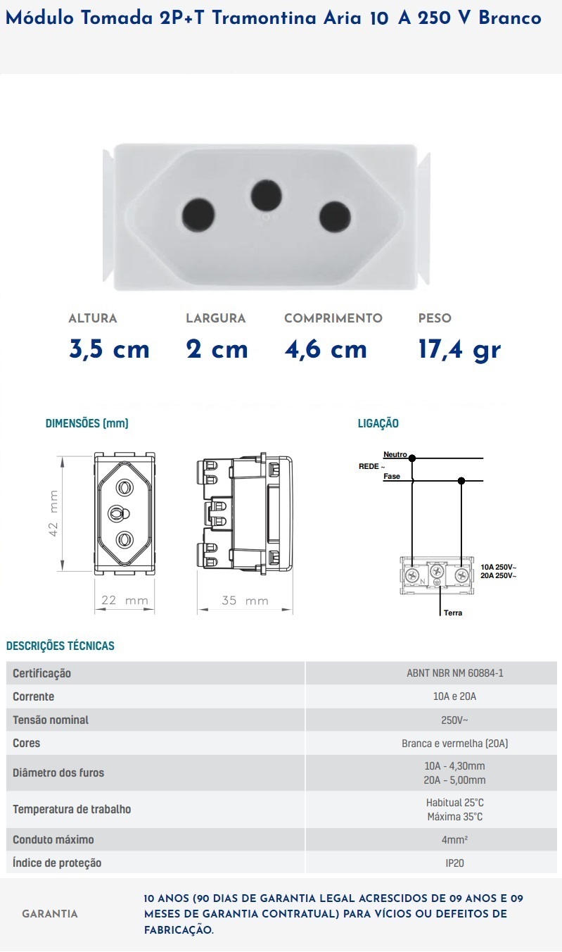 Módulo Tomada 2P+T Tramontina Aria 10a Branco 57217030 | LED RS