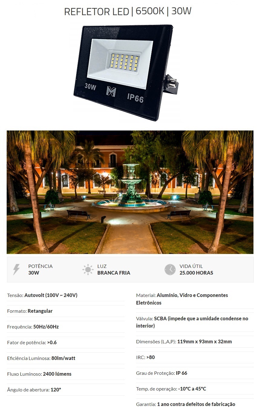 Refletor Led 30w Branco Frio 6500k Bivolt | LED RS