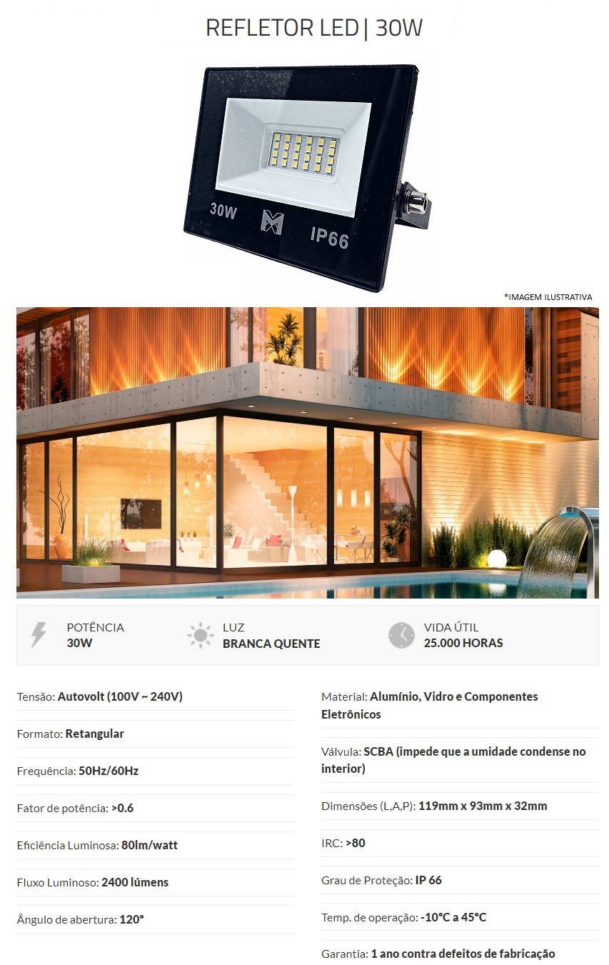 Refletor Led 30w Branco Quente 3500k Bivolt | LED RS