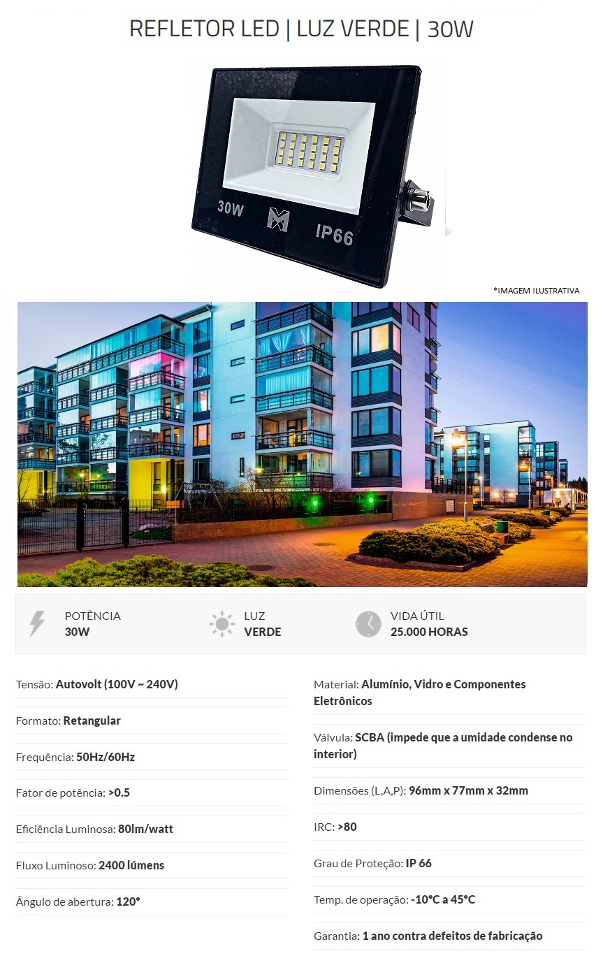 Refletor Led 30w Verde Bivolt | LED RS