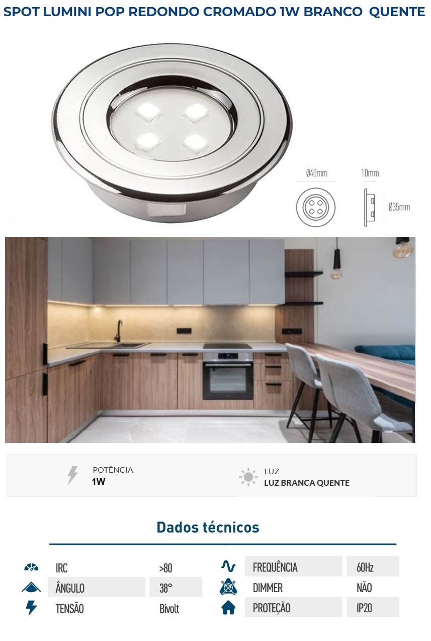 Spot de Embutir LED Redondo Lumini Pop 3000K 1W Bivolt Cromado | LED RS