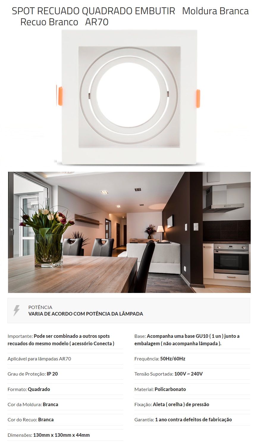 Spot Recuado AR70 Quadrado Branco | LED RS