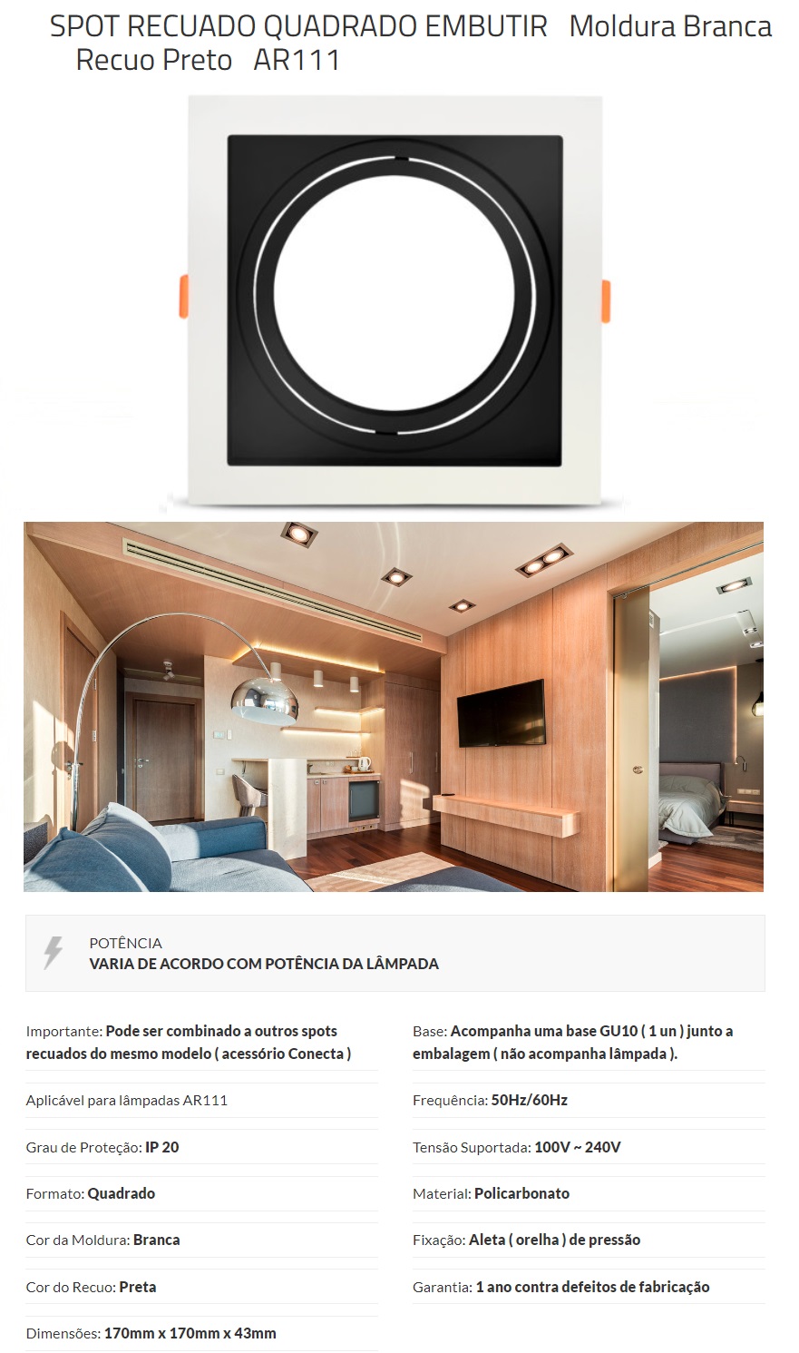 Spot Recuado AR111 Quadrado Branco recuo Preto | LED RS