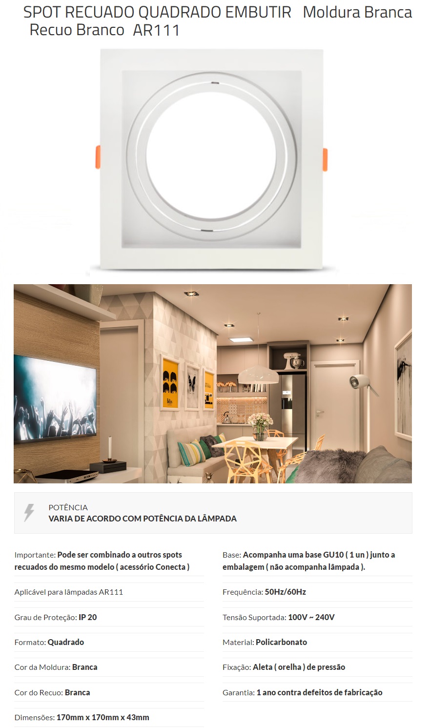 Spot Recuado AR111 Quadrado Branco | LED RS