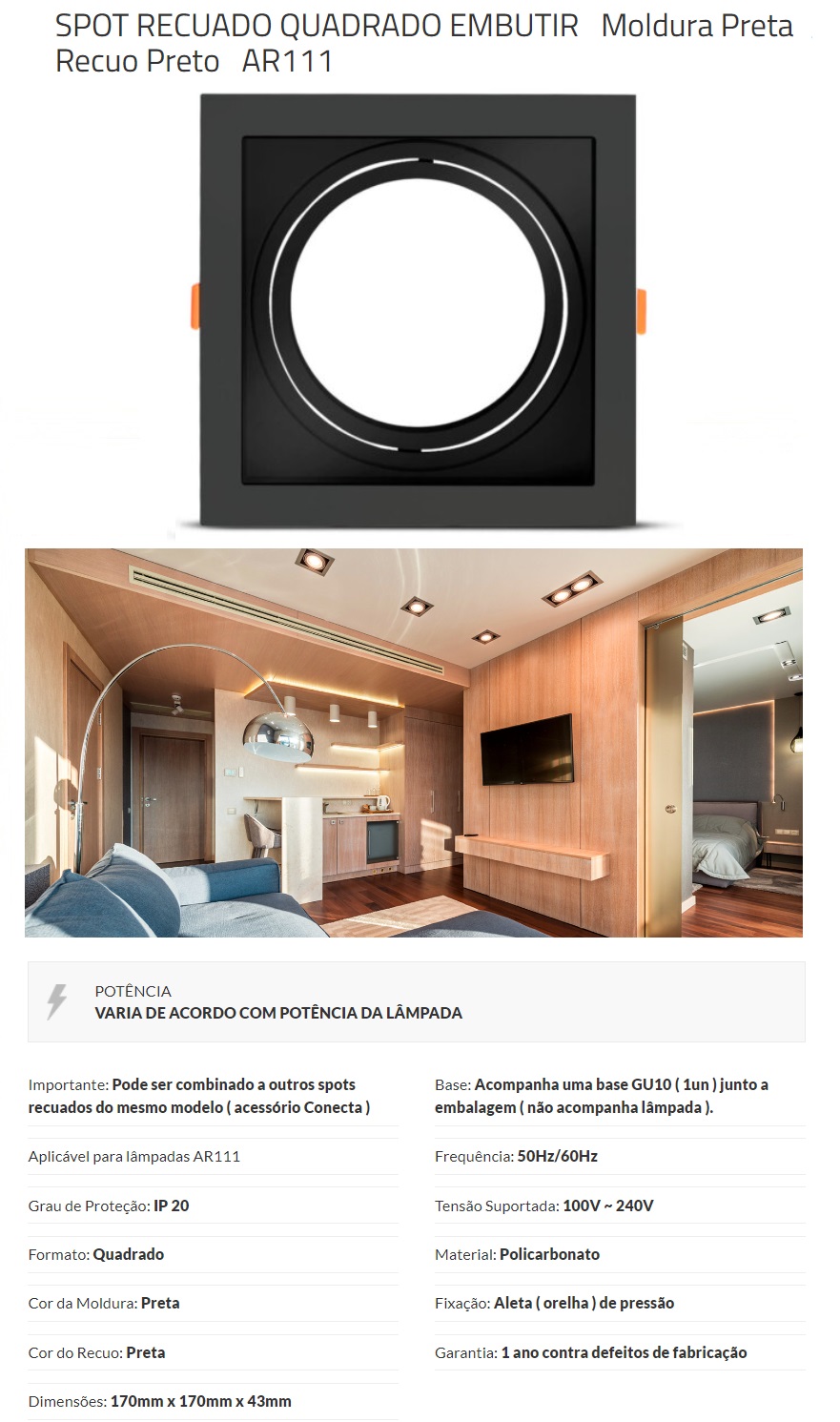 Spot Recuado AR111 Quadrado Preto | LED RS