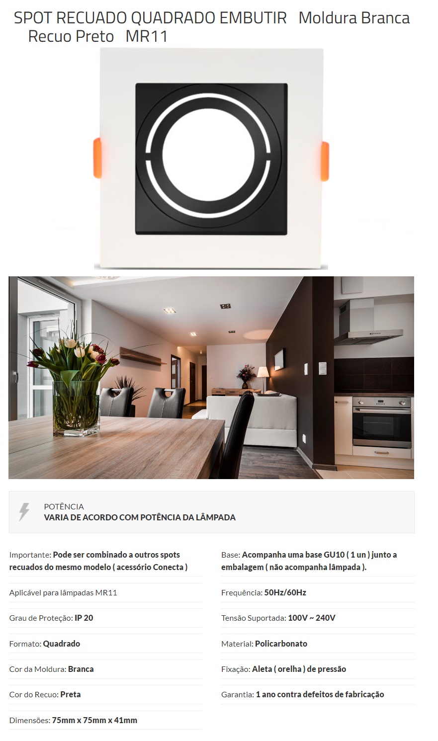 Spot Recuado MR11 Quadrado Mini Dicroica Branco recuo Preto | LED RS