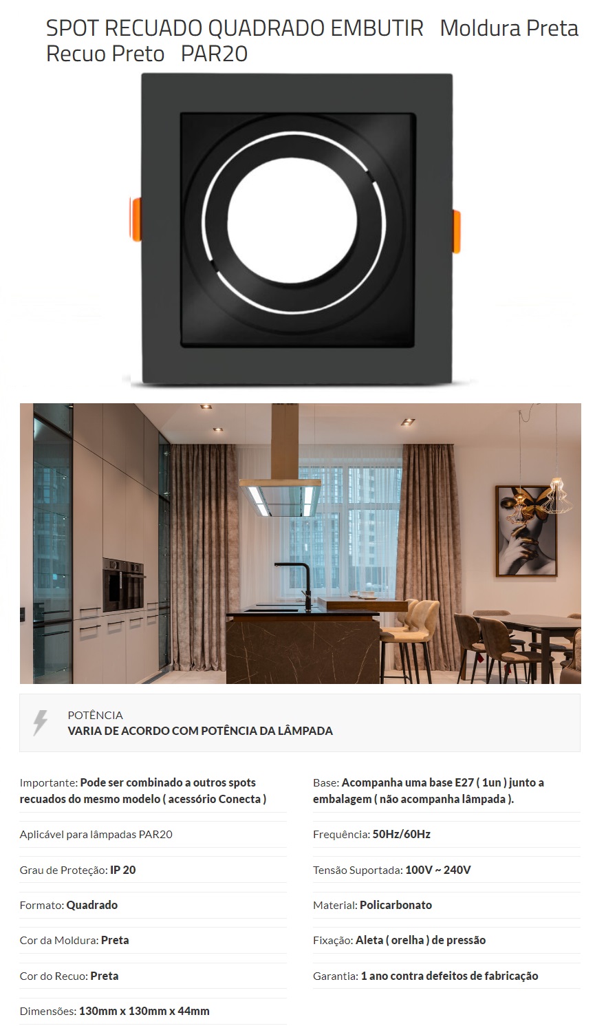 Spot Recuado PAR20 Quadrado Preto | LED RS